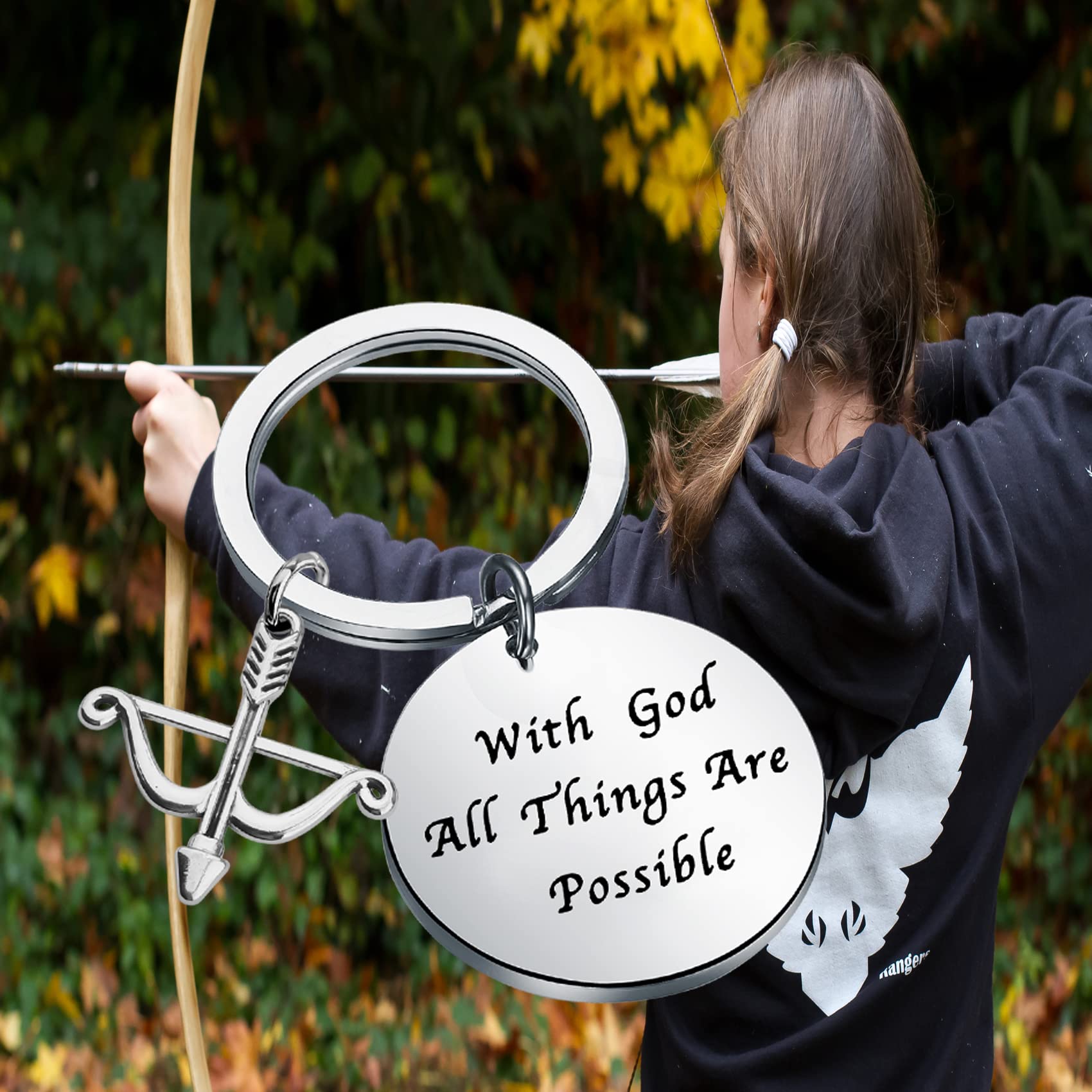 BEKECH Archery Sport Player Gift With God All Things Are Possible Arrow Bowhunting Charm Keychain for Archery Team Archery Lover Hunting Lover (silver)