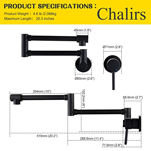 CHALIRS Pot Filler Faucet Wall Mount, Matte Black Brass Pot Filler Faucets, Kitchen Restaurant Sink Faucet Folding Stretchable,Cold and Hot Water Mixer,with Double Joint Swing Arms,Single Handle