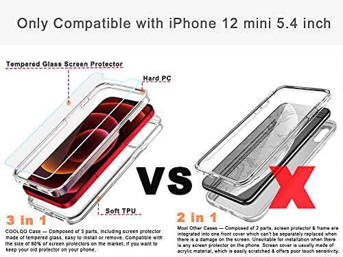COOLQO Compatible for iPhone 12 Mini Case 5.4 Inch, with [2 x Tempered Glass Screen Protector] Clear 360 Full Body Protective Coverage Silicone 14 ft Drop Military Grade Shockproof Phone Cover