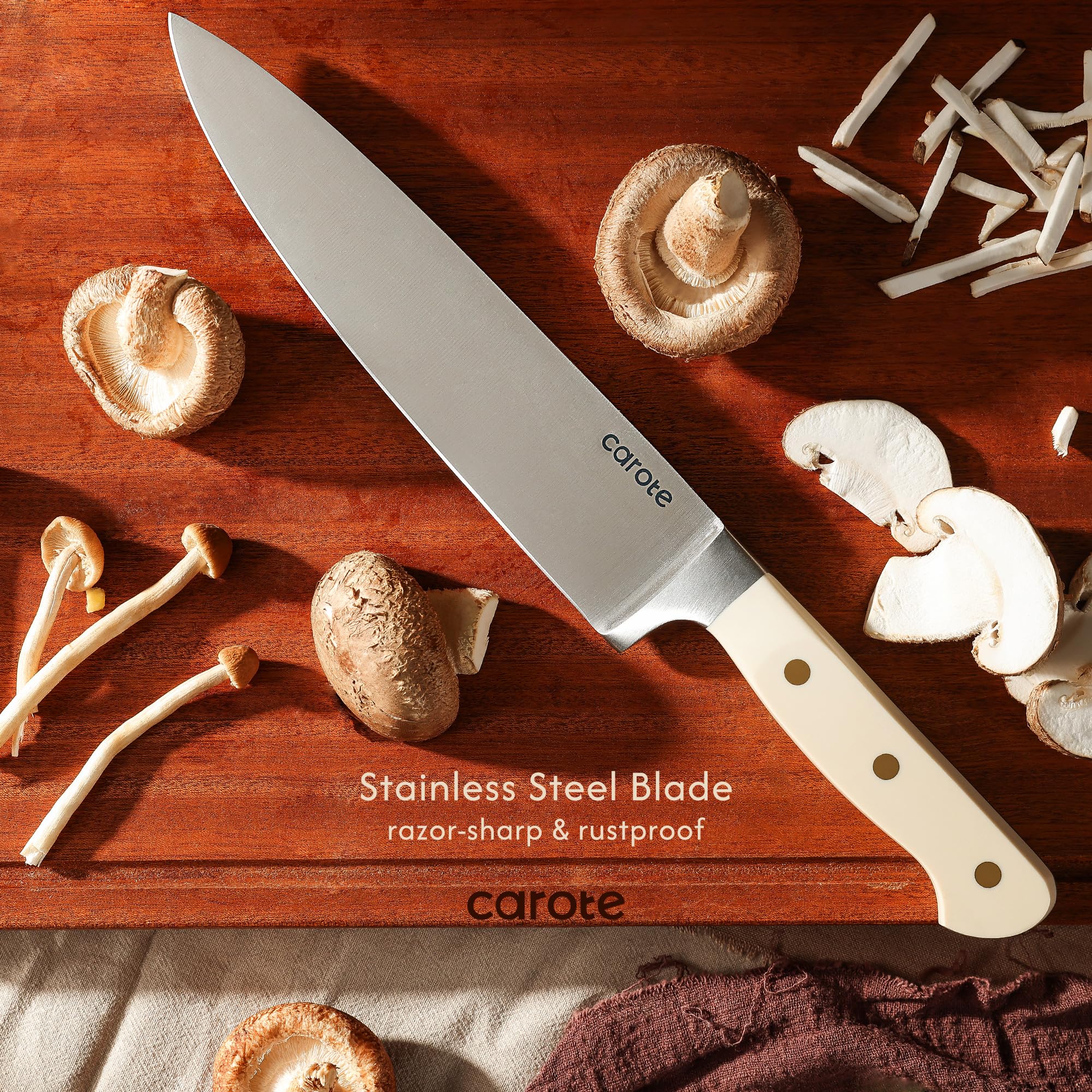 CAROTE 11PCS Knife Set with Block for kitchen, Stainless Steel Razor-Sharp Blade, Triple Riveted Ergonomic Handle,Essential Knife Set, Beige