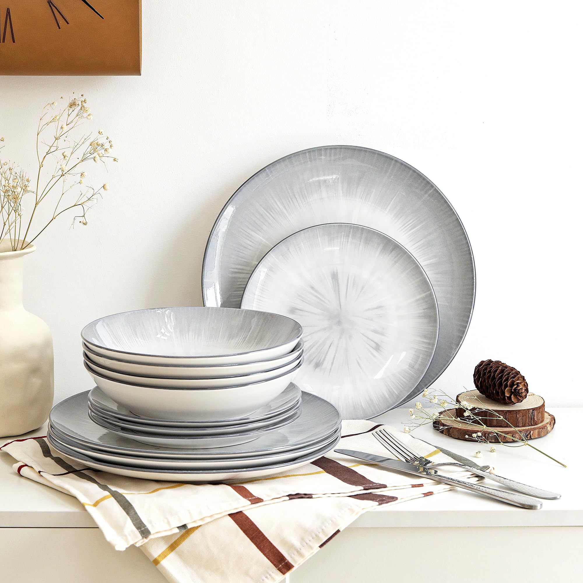 Bestone 12 Piece Round Kitchen Dinnerware Set,Plates and Bowls sets,Dishes, Plates, Bowls, Dish Set,Plates and Bowls,Service for 4, Chip Resistant Porcelain (gray)