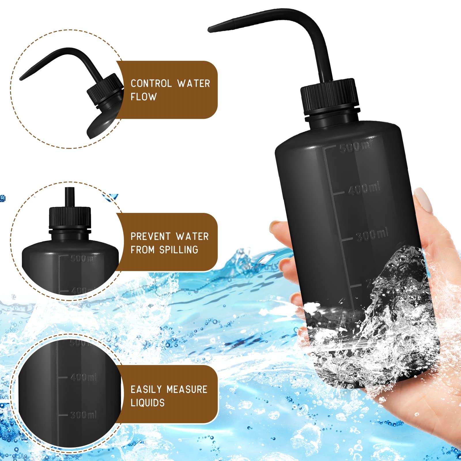 Epakh 6 Pcs 500 ml Tattoo Wash Bottle Water Squirt Bottle Lab Squeeze Bottles Lash Water Bottle Squeezer Safety Rinse Bottle for Eyelash Extensions, Tattoo Supplies, Cleaning, Succulent (Black)