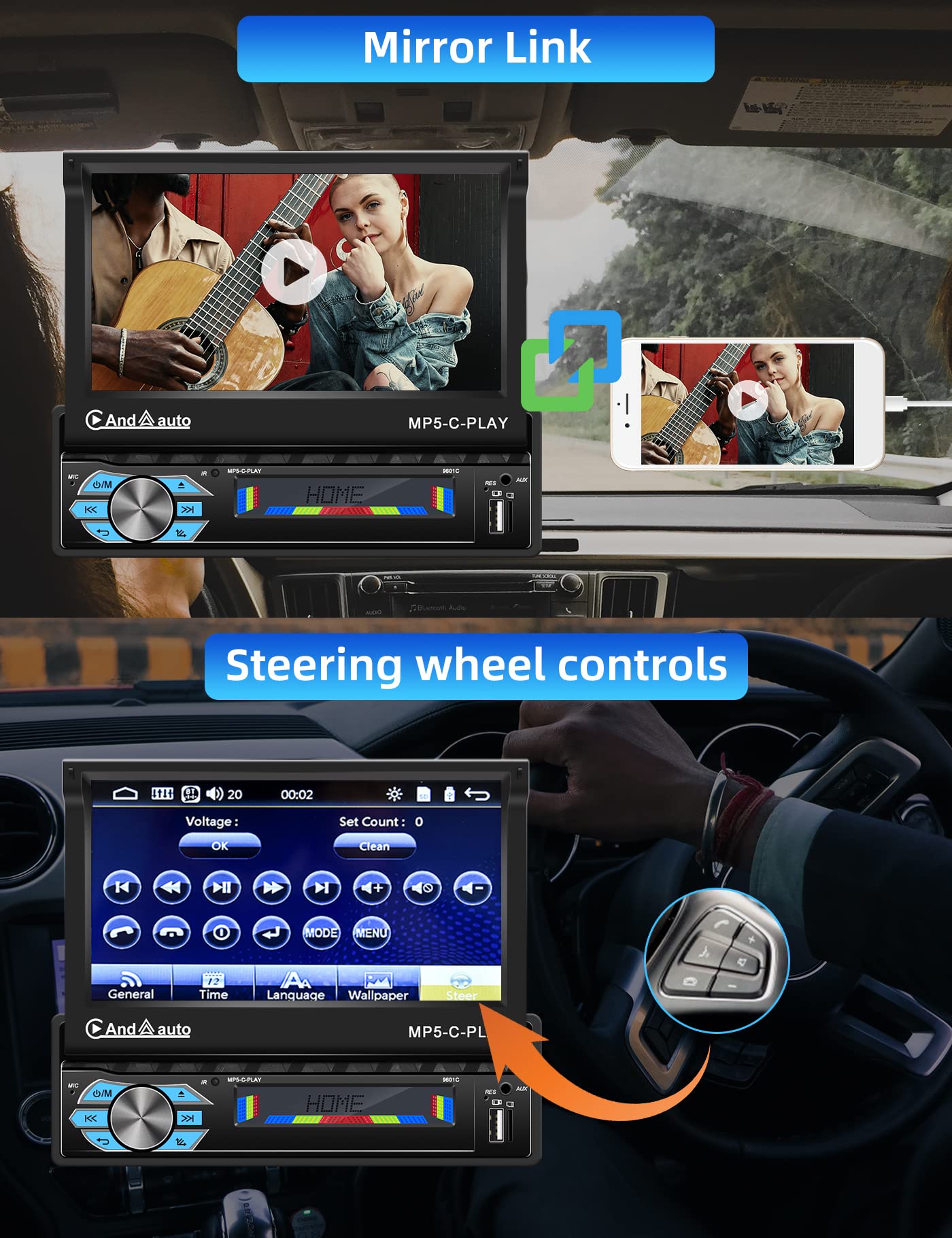 Carplay Single Din Car Stereo Audio with Android Auto Backup Camera Bluetooth, 7 Inch Touchscreen Supports FM Radio, Mirror Link, USB/TF/AUX-in Car Play Radio with Remote, External Mic