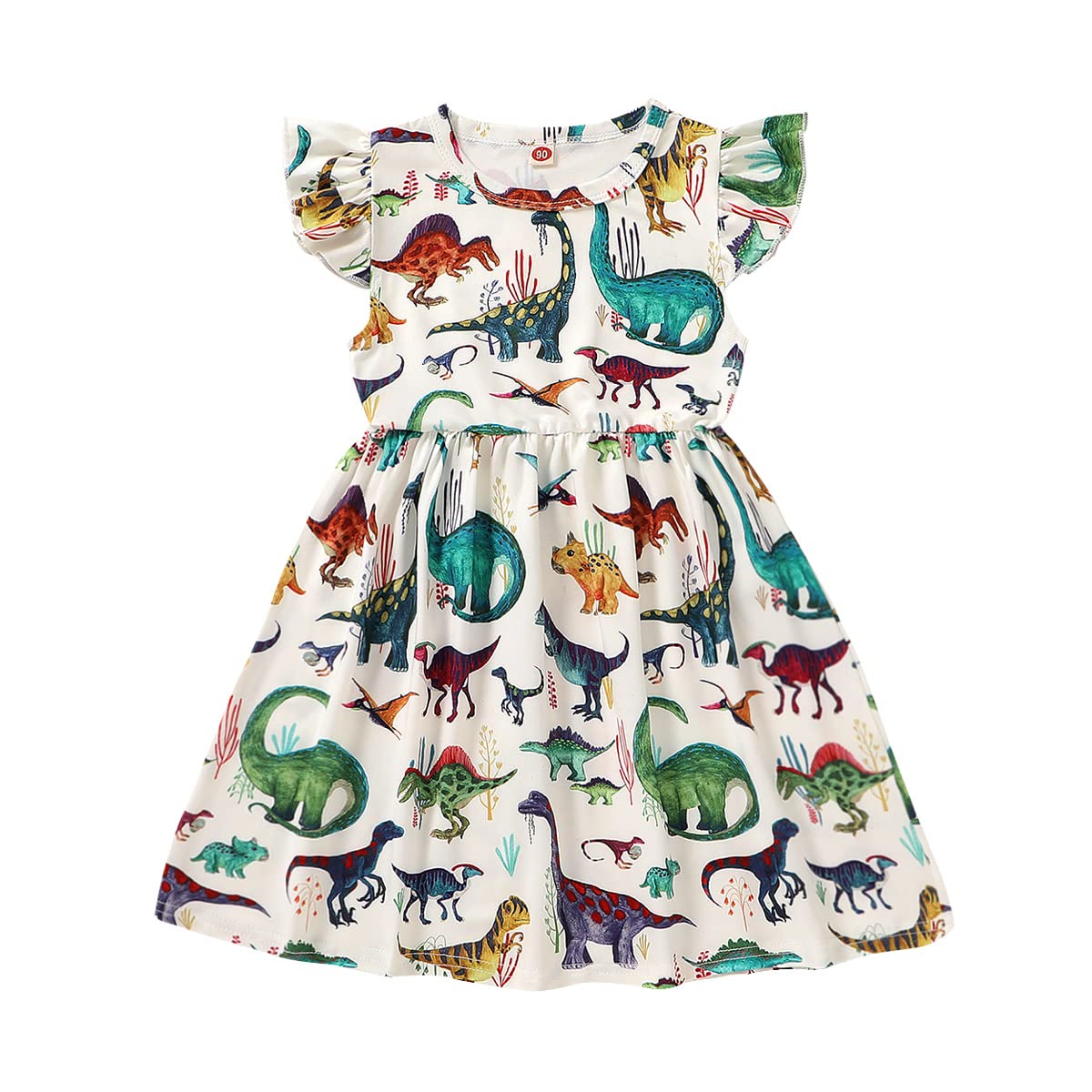 Happy Town Toddler Baby Girl Dress Dinosaur Printed Girl Summer Dresses Fly Ruffle Sleeve Tutu Dress Casual Sundress (White Dinosaur, 3-4 Years)