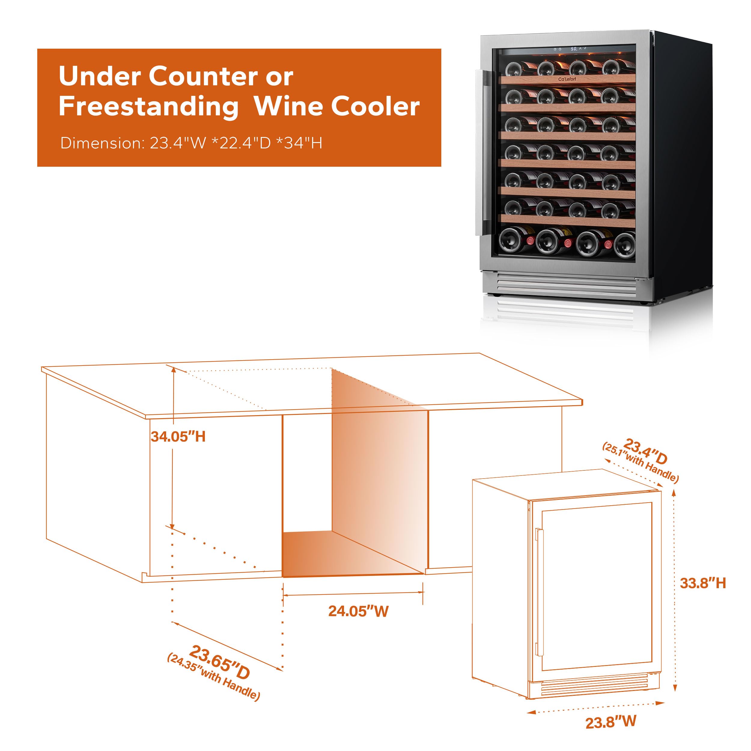 Ca'Lefort 24 Inch Wine Fridge, 54 Bottle Wine Cooler Refrigerator, 40-65°F Wine Refrigerator Glass Door, 3 LED Wine Fridge, Built-in or Freestanding Wine Fridge for Home/Bar/Kitchen (5.65 cu.ft)