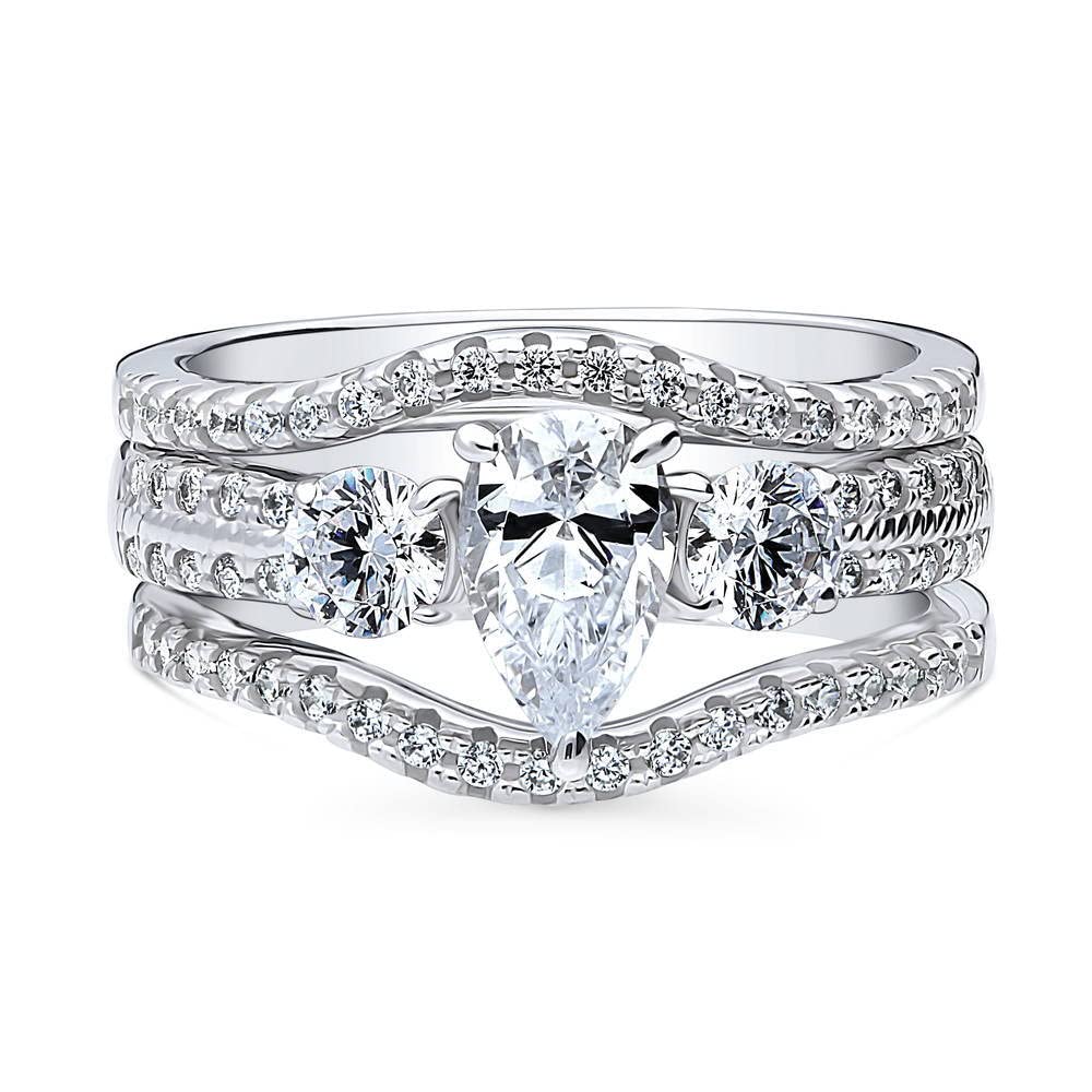 BERRICLE Sterling Silver 3-Stone Wedding Engagement Rings Pear Cut Cubic Zirconia CZ Ring Set for Women, Rhodium Plated Size 7