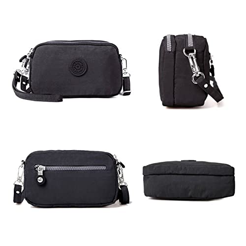 Mindesa Small Crossbody Bags, Light Wristlet Clutch Wallet,Nylon Shoulder Phone Purse,Passport Wallets,Waterproof Zip Handbags(Black)