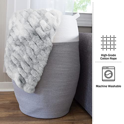 Laundry Basket - Curved Cotton Rope Basket with Handles for Living Room, Bedroom, Bathroom, Nursery, and Laundry Room Storage by Home-Complete (Gray) Large