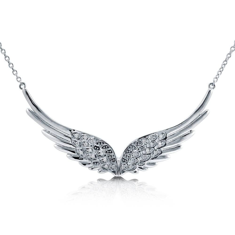 BERRICLE Sterling Silver Angel Wings Cubic Zirconia CZ Fashion Pendant Necklace for Women, Rhodium Plated