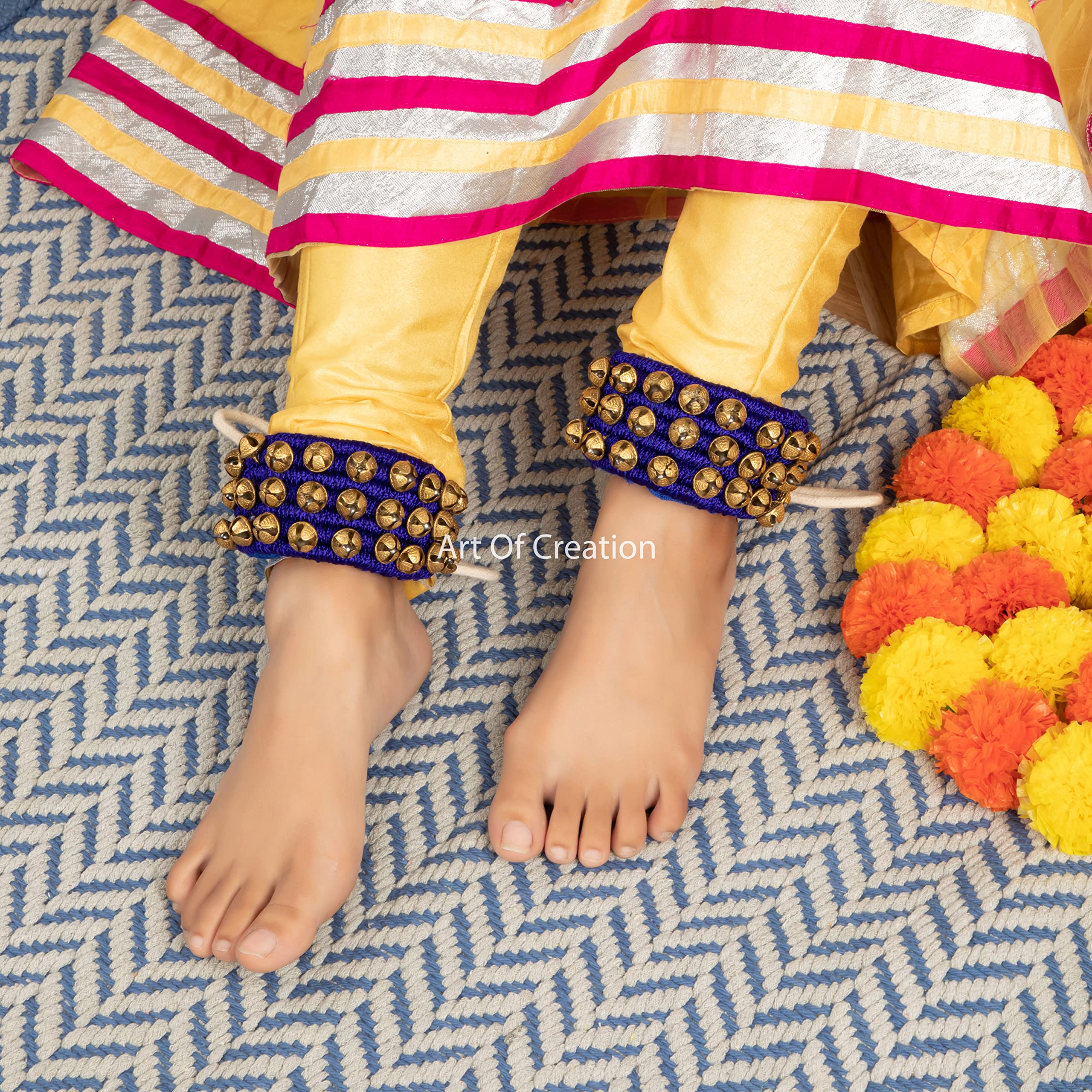 Art Of Creation Kathak Ghungroo Anklet pair Classical Dancing 60 Bells Musical Instrument Bharatnatyam (Blue Paded 3 Line)