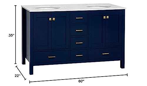 Kitchen Bath Collection Horizon 60-inch Double Bathroom Vanity (Engineered Carrara/Royal Blue): Includes Royal Blue Cabinet with Engineered Carrara Countertop and White Ceramic Sinks