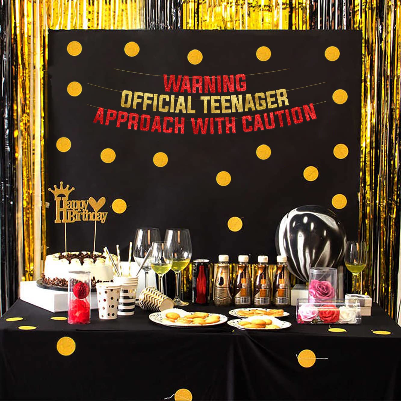Warning Official Teenager Approach With Caution Gold Glitter Banner - 13th Birthday Party Supplies, Ideas, Gifts and Decorations