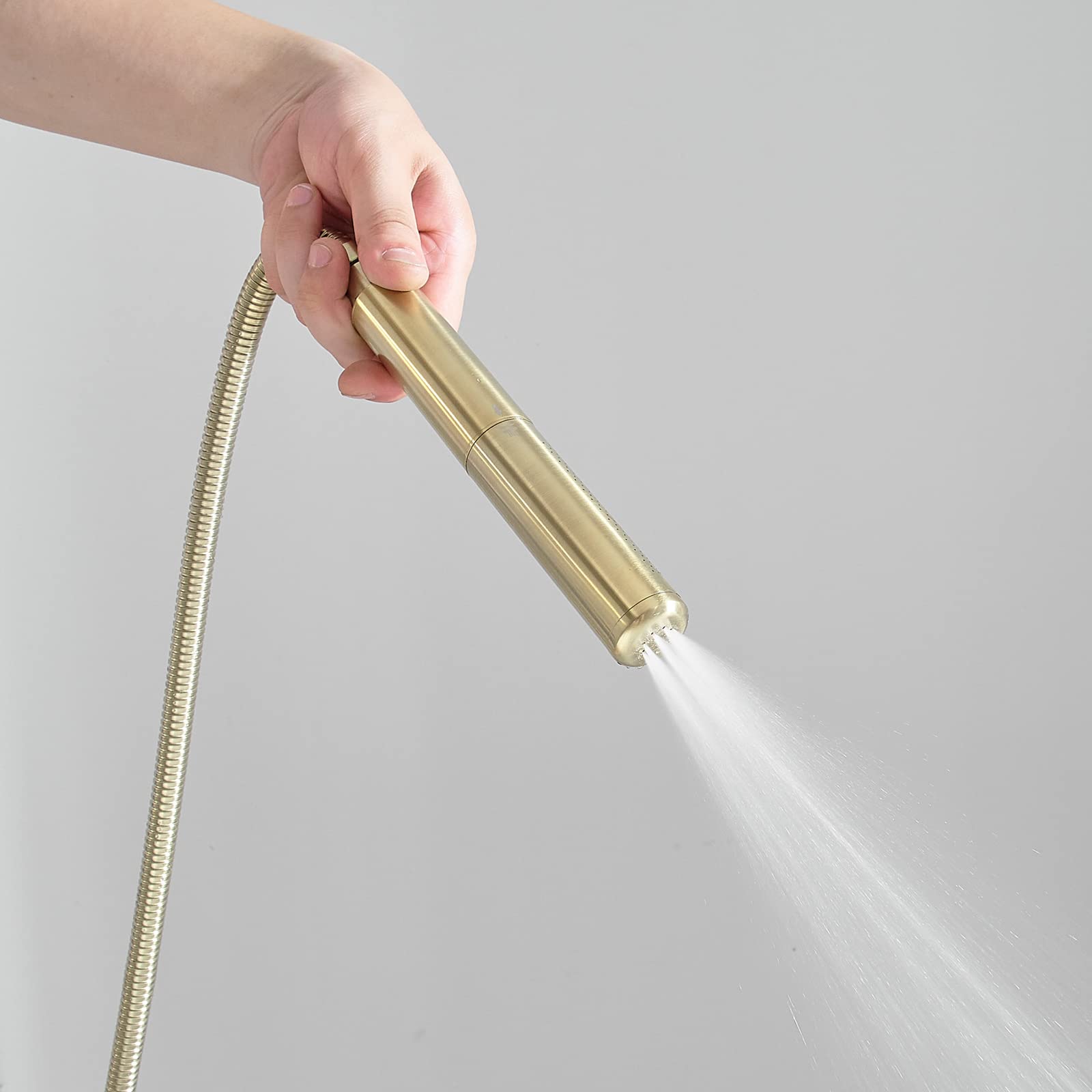 BESy Freestanding Bathtub Faucet Waterfall Tub Filler Brushed Gold Floor Mount Brass Single Handle Bathroom Tub Faucets with 2 Function Hand Shower Wand