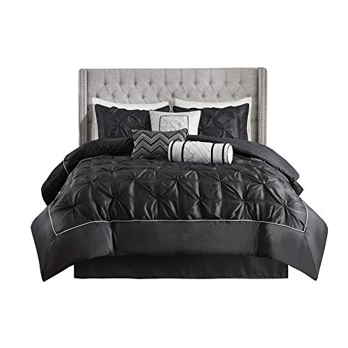 Madison Park Laurel King Size Bed Comforter Set Bed In A Bag - Black , Wrinkle Tufted Pleated β 7 Pieces Bedding Sets β Faux Silk Bedroom Comforters