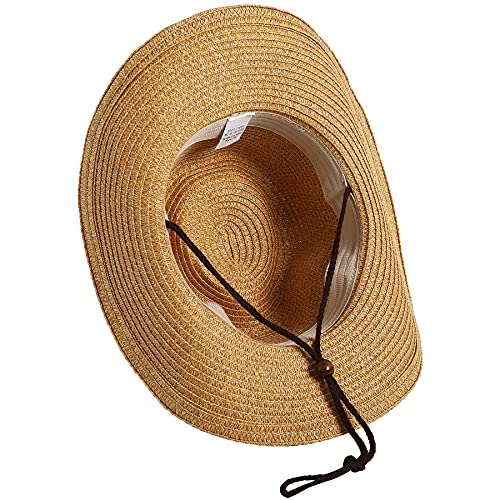 Lanzom Womens Straw Beach Sun Hat Packable Summer Cowboy Straw Hats with Wind Lanyard (Khaki, Medium)