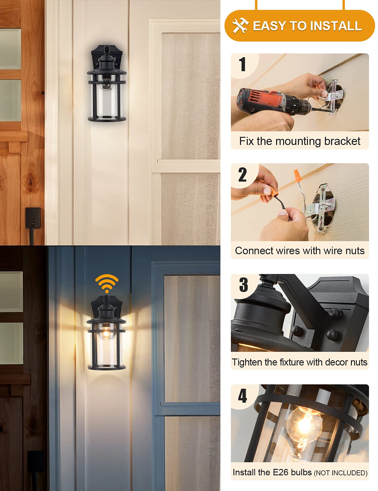KXIEMRS 2-Pack Dusk to Dawn Sensor Outdoor Wall Lantern, Exterior Wall Mount Light Fixture, Matte Black Metal Wall Sconce with Clear Glass, E26 Base Waterproof for Backyard, Entryway, Garage, Garden…