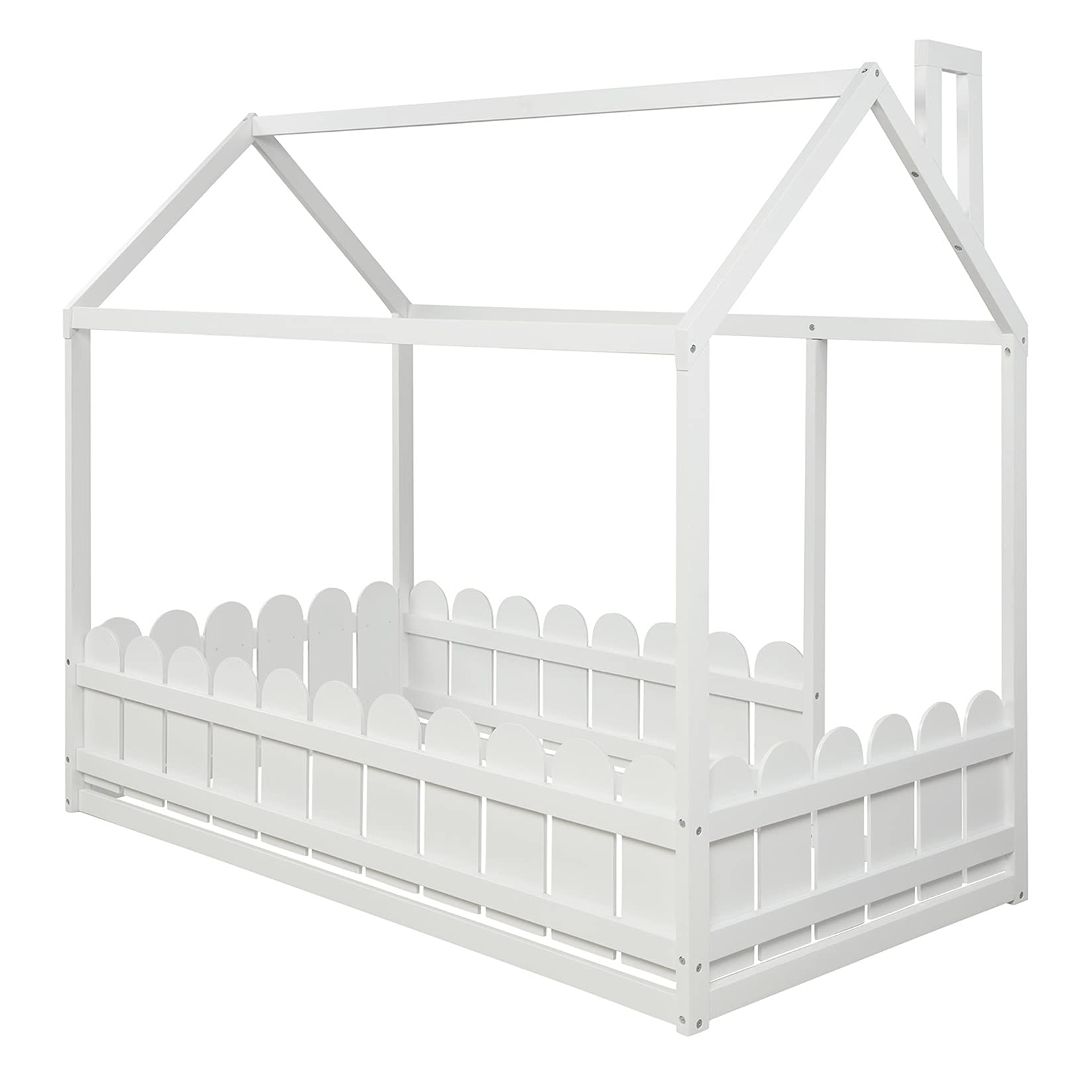 Harper & Bright Designs Kids House Beds, Twin Floor Bed with Fence Wood Cabin Bed Frame Can be Decorated for Kids, Teens, Girls, Boys, White