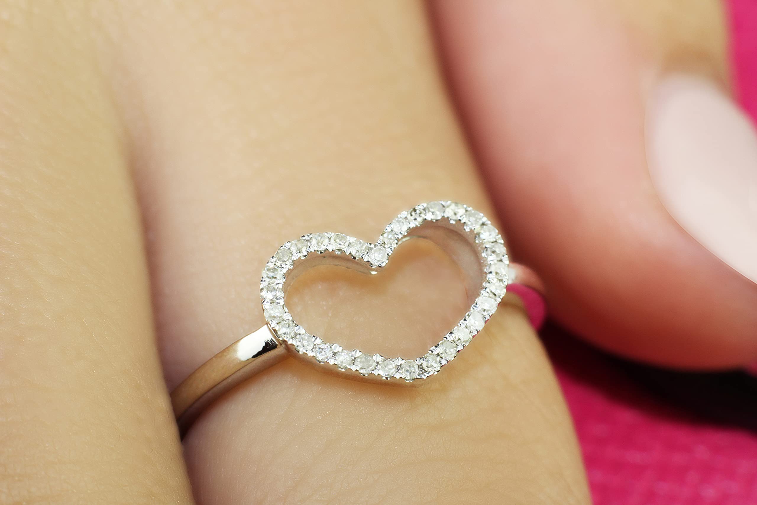 Belantina 1/10 Carat Diamond Heart Open Ring for Women in 14k White Gold (H-I, I1-I2, cttw) Size 8