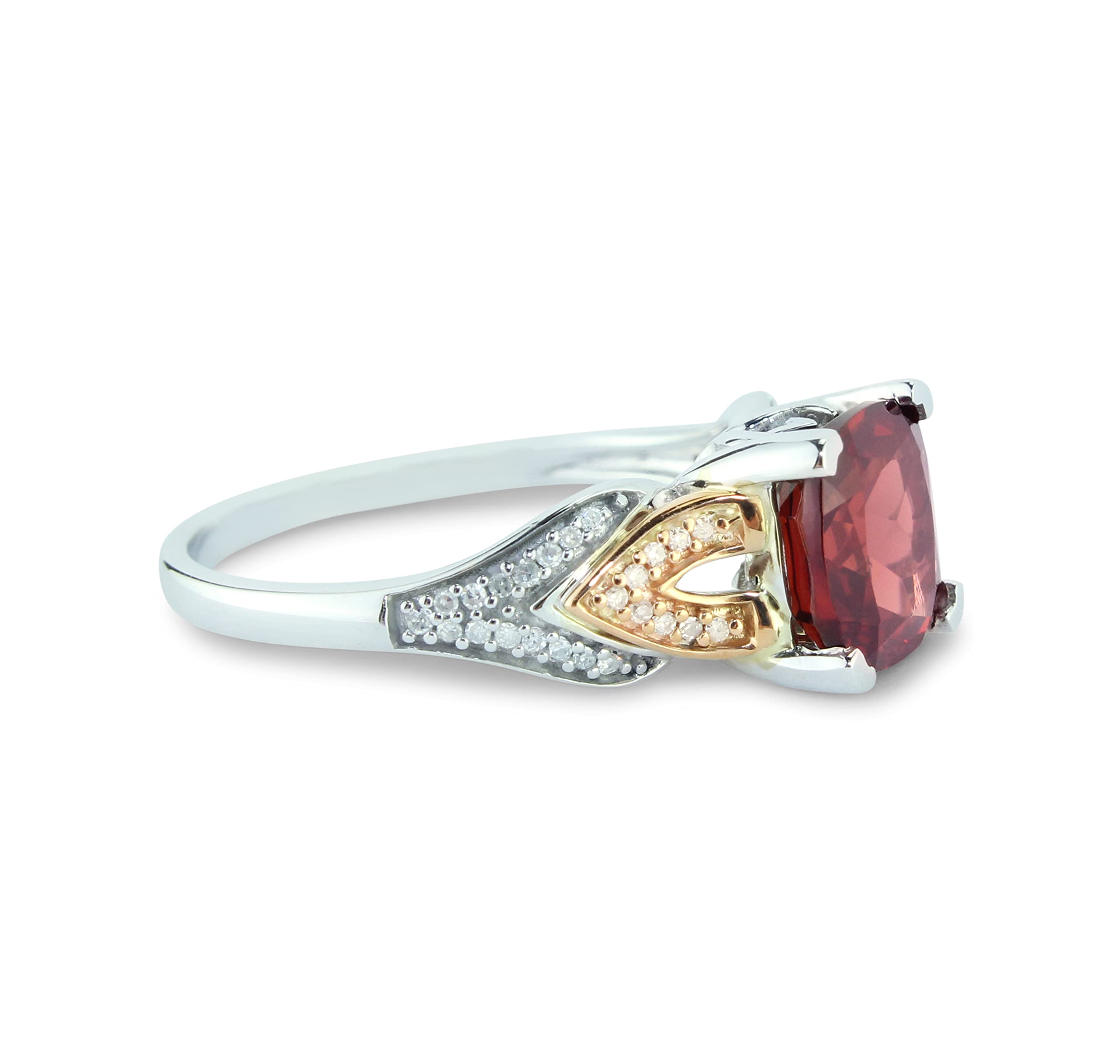Belantina Heartland By Beverley Mitchell 10K Rose Gold with .925 Sterling Silver Cushion Cut Garnet & Diamond Accented Two Tone Flared Band Statement Ring
