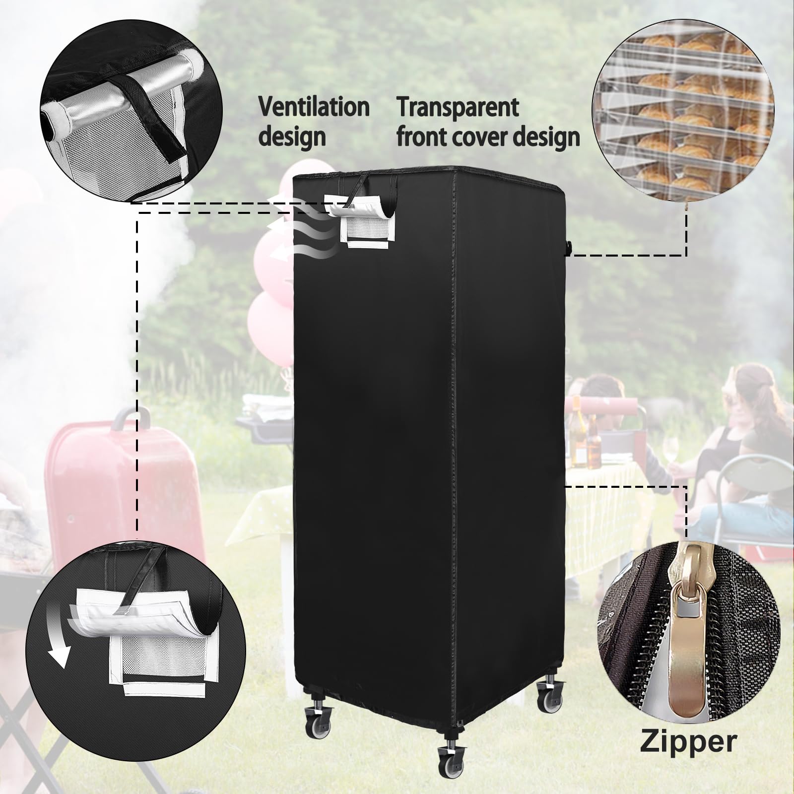 Commercial Bakery Racks Cover Bread Rack Cover with Zipper, 20tier Sheet Pan Rack/Bun Pan Rack Cover with Vents ,23"X28"X64" Bakery Single Rack Covers Waterproof and Dustproof,Black