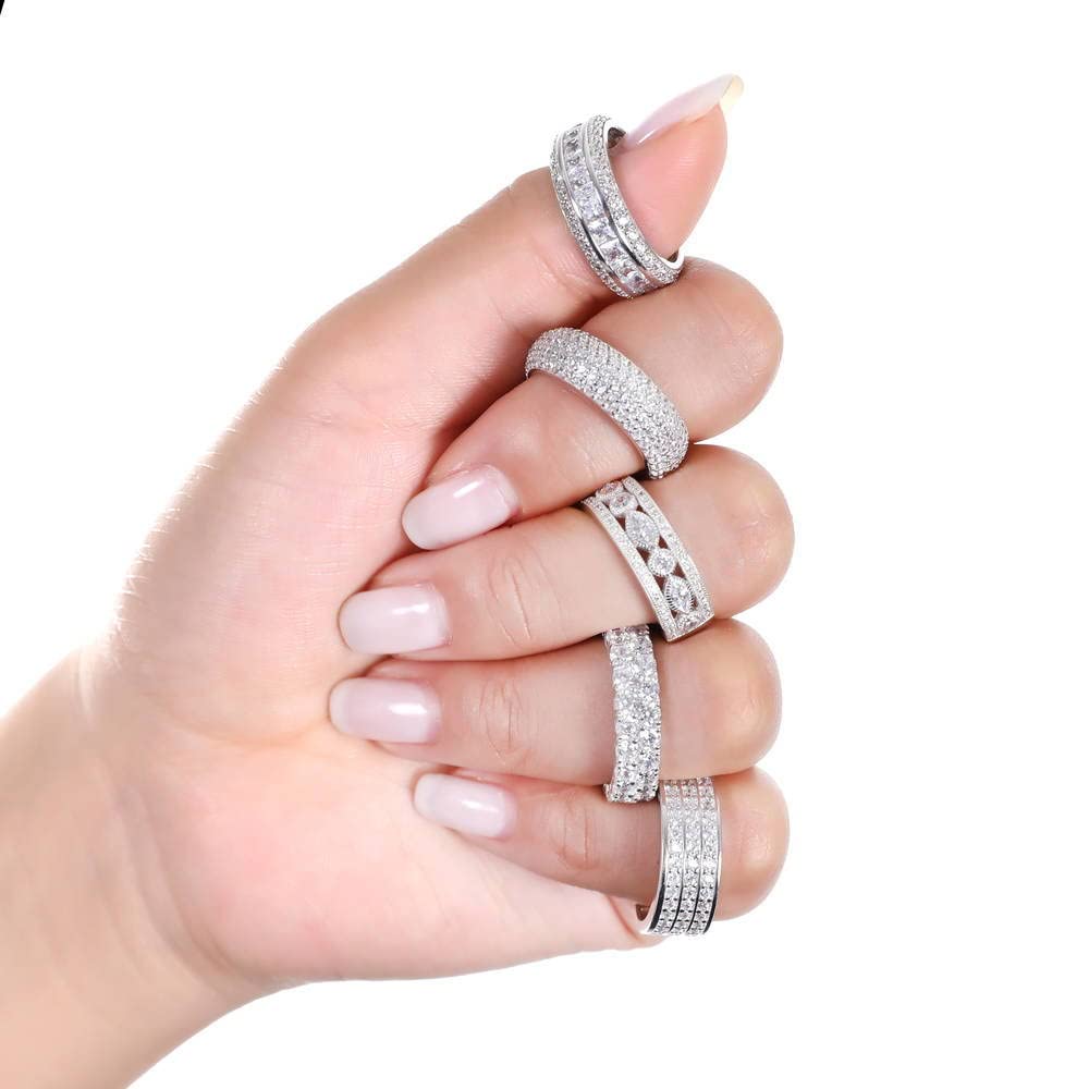 BERRICLE Sterling Silver Art Deco Wedding Rings Milgrain Bezel Set Cubic Zirconia CZ Anniversary Half Eternity Ring for Women, Rhodium Plated Size 7.5