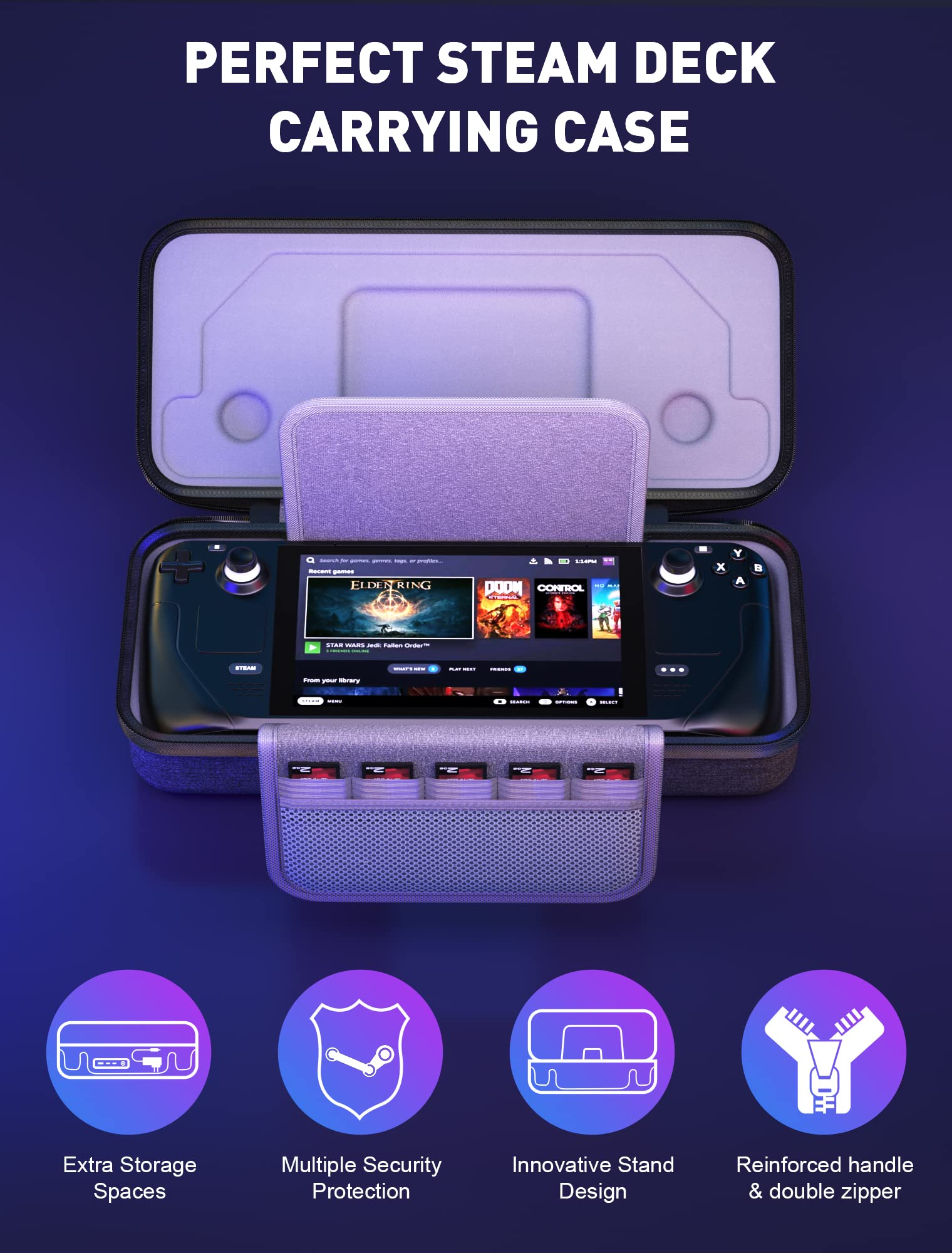 Carrying Case for Steam Deck, Portable Hard Shell Travel Case for Steam Deck Console and Accessories Comes with a Soft Lining, Extra AC Adapter Charger Storage Space, SD Card Pockets