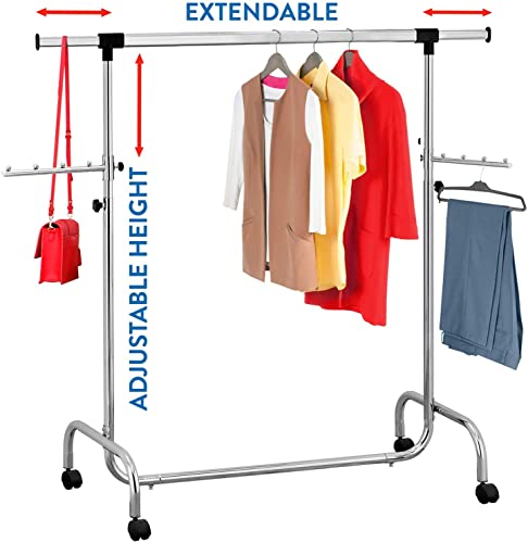 Tatkraft Falcon Garment Rack, Clothes Rack on Wheels, Adjustable Length & Height, Chromed Steel