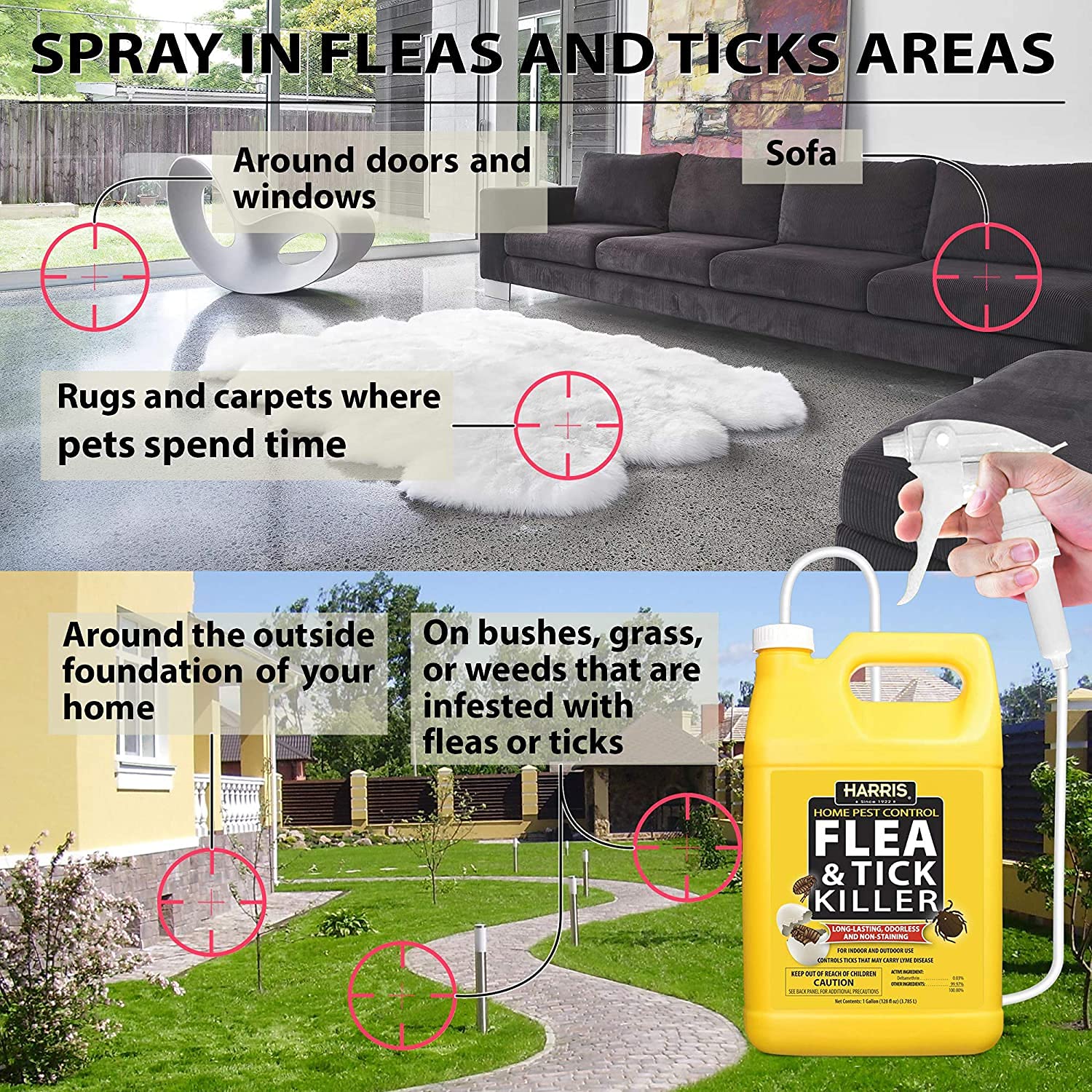Harris Flea and Tick Killer, Liquid Spray with Odorless and Non-Staining Extended Residual Kill Formula (2-Pack, Gallon)