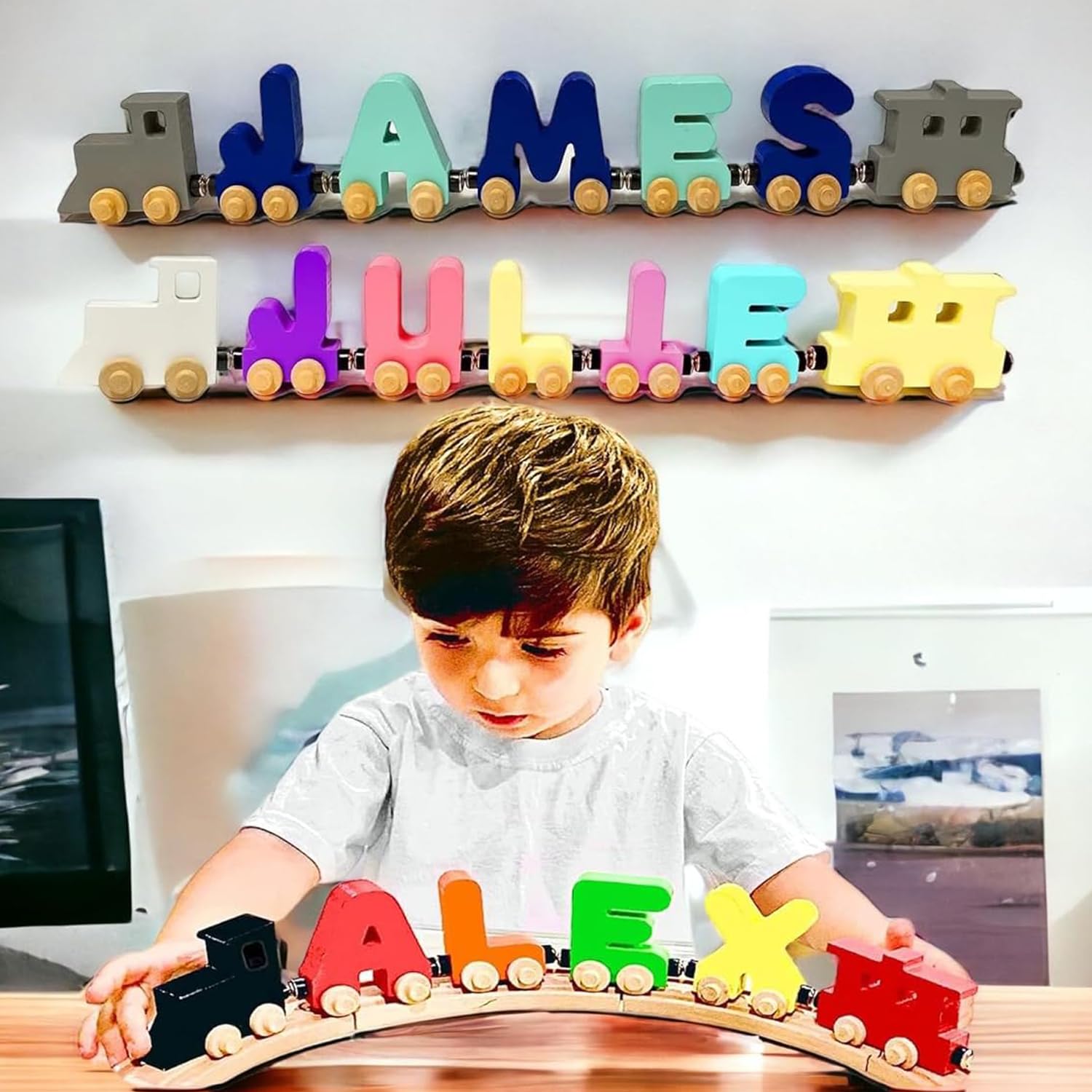 Large Handmade Name Wooden Trains Alphabet Puzzle Name Letters Educational Toys for Kids
