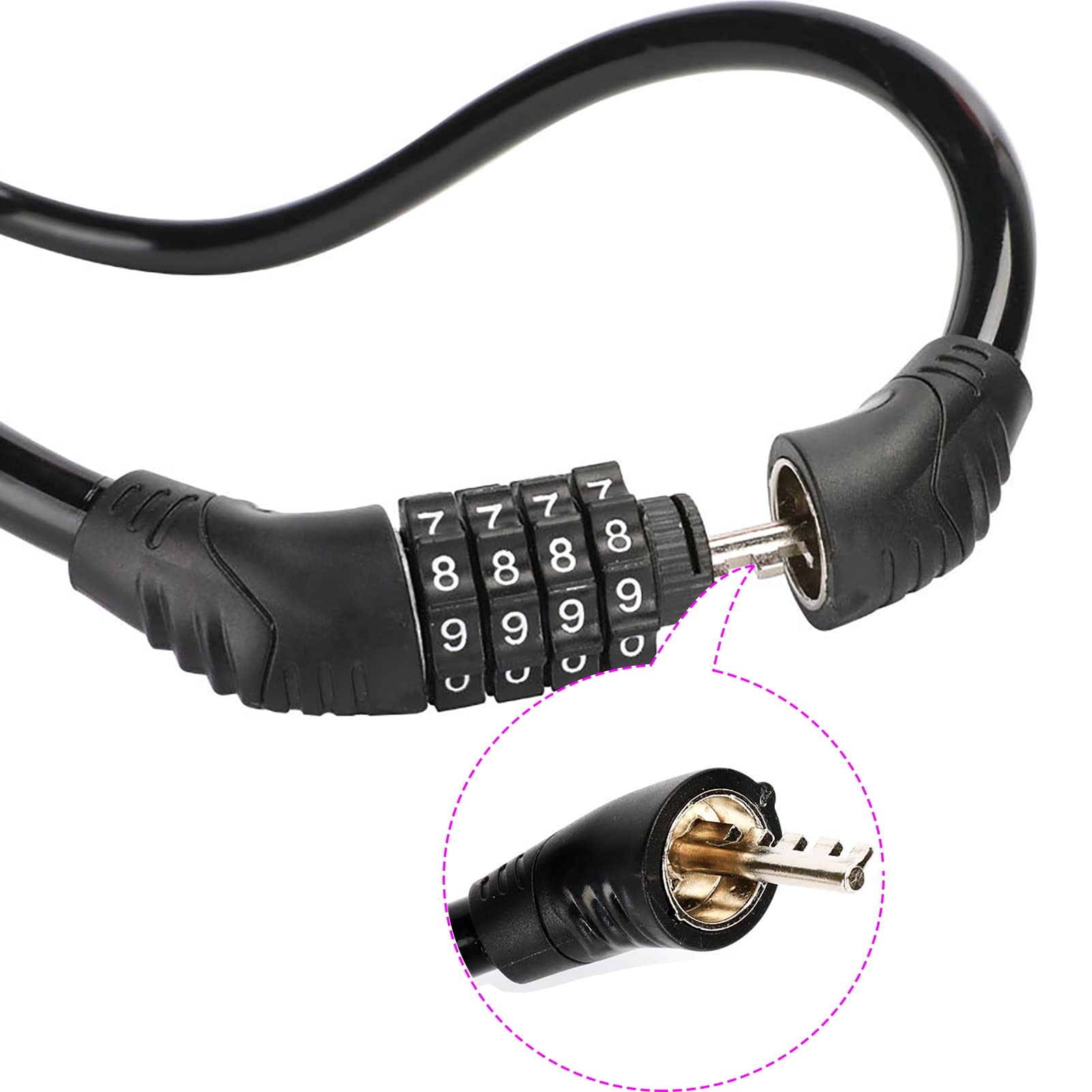 Bike Lock Cable, Anti Theft Bicycle Lock Chain, Bike Combination Lock 4 Digit Security Resettable Self Coiling Combination Cable Combo Bike Locks without Mounting Bracket, 2 Feet x 1/2 Inch (Black)