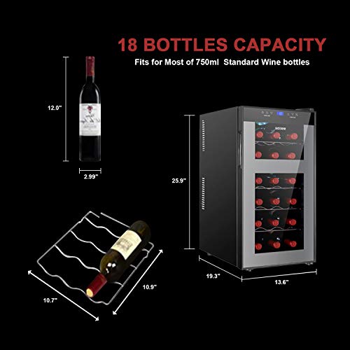 maisee Wine Fridge Dual Zone,18 Bottles Wine Cooler Refrigerator Chiller Upper Zone 46f-54f Lower Zone 54f-65f for Red White Wine Champagne in Home Office Bedroom Countertop (18 Bottles,Black