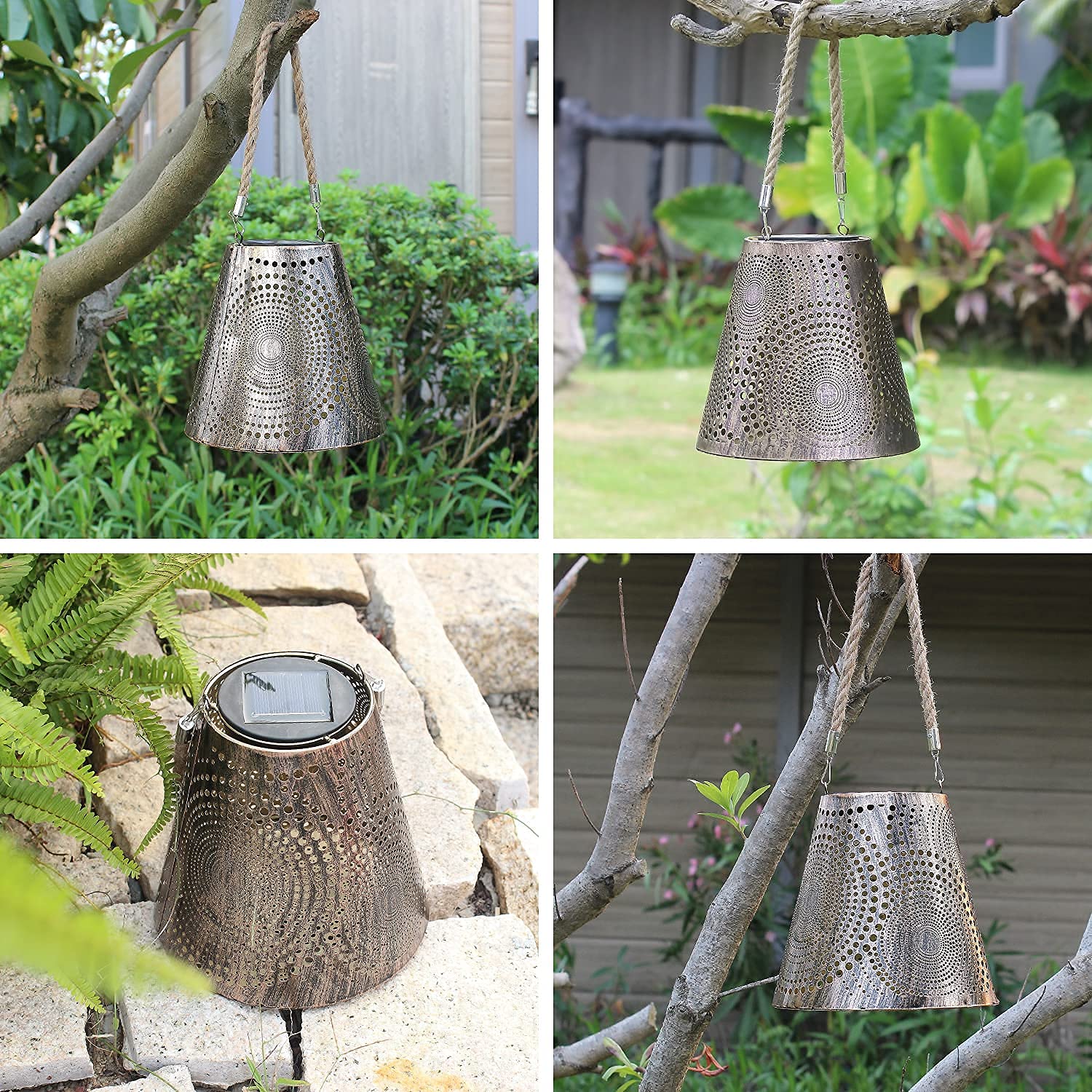 Large Outdoor Hanging Solar Lantern, Waterproof Garden Patio LED Solar Light, Dot Hollowed-Out Design Retro Landscape Metal Decorative Lanterns for Tree, Table, Floor, Yard Decor (1 Pack, Bronze)