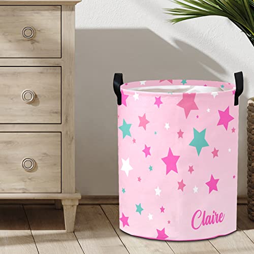 Personalized Laundry Basket Hamper,Star Pink Background,Collapsible Storage Baskets with Handles for Kids Room,Clothes, Nursery Decor