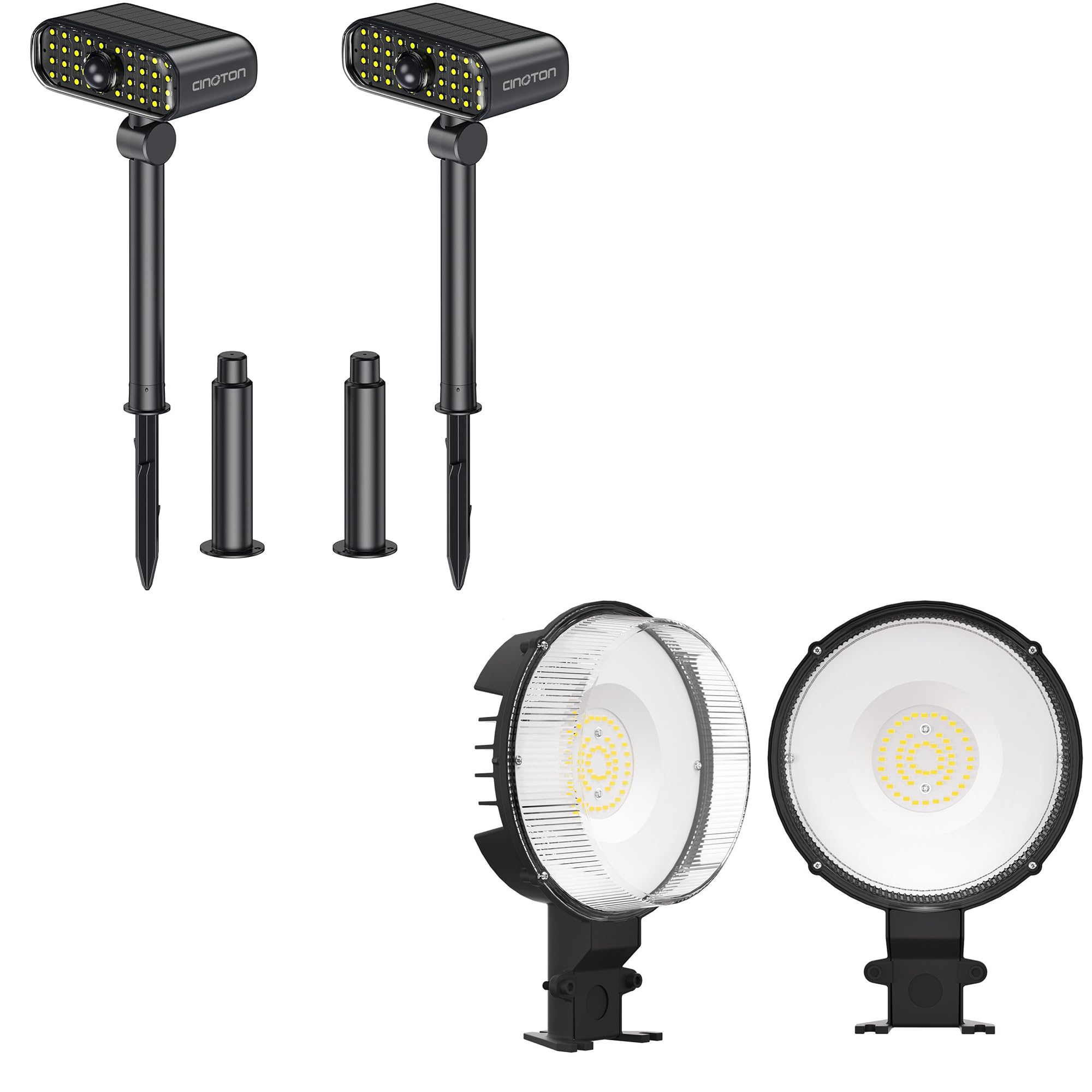 CINOTON 42W LED Barn Light Dusk to Dawn Outdoor Lighting, Black 2 Pack & Solar Motion Security Lights 2Pack
