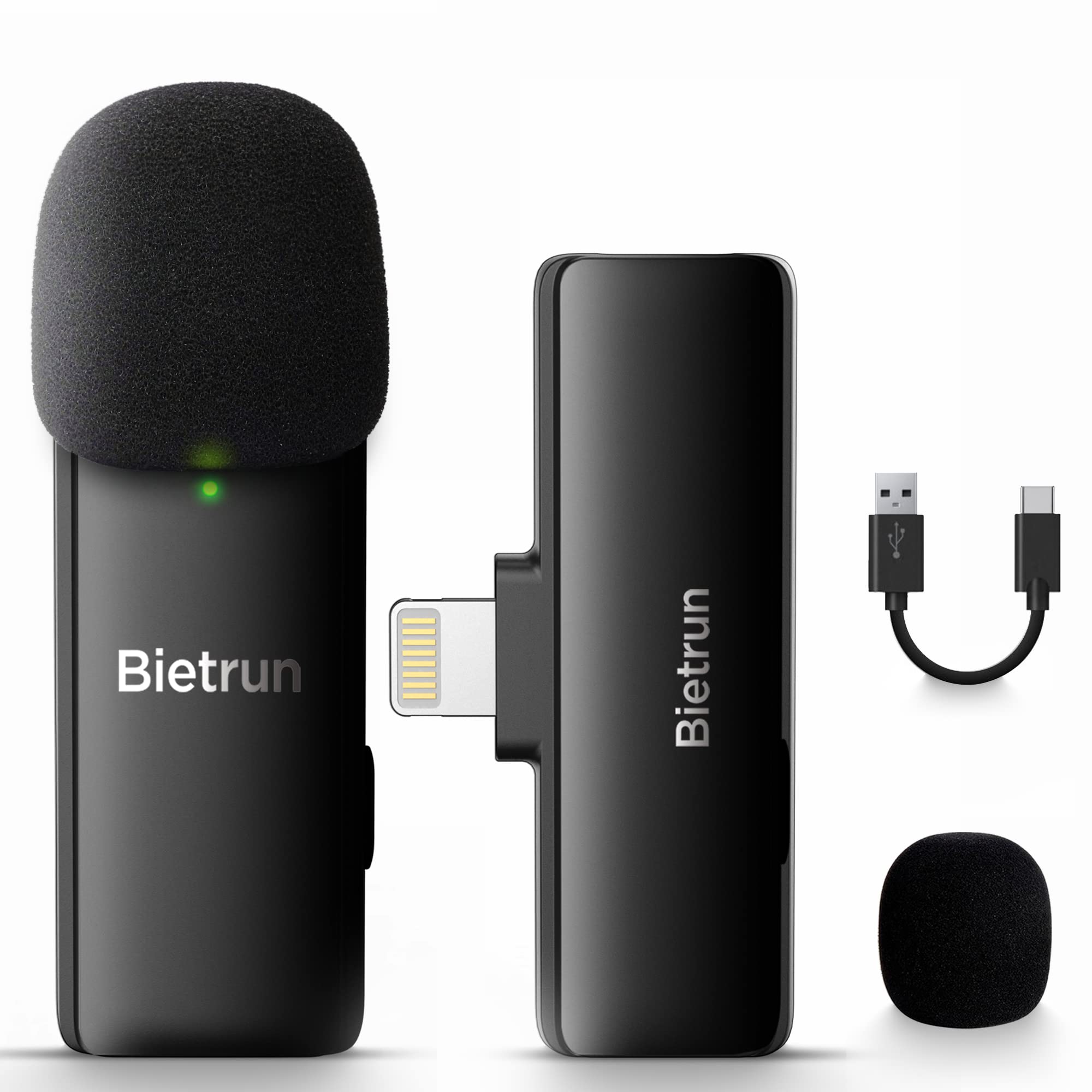 Bietrun Wireless Lavalier Lapel Microphone for iPhone ipad Video Recording, Plug and Play, Max 165ft Range, 2.4GHz Portable Omnidirectional Condenser Clip-on Cordless Mic for YouTube, Interviews