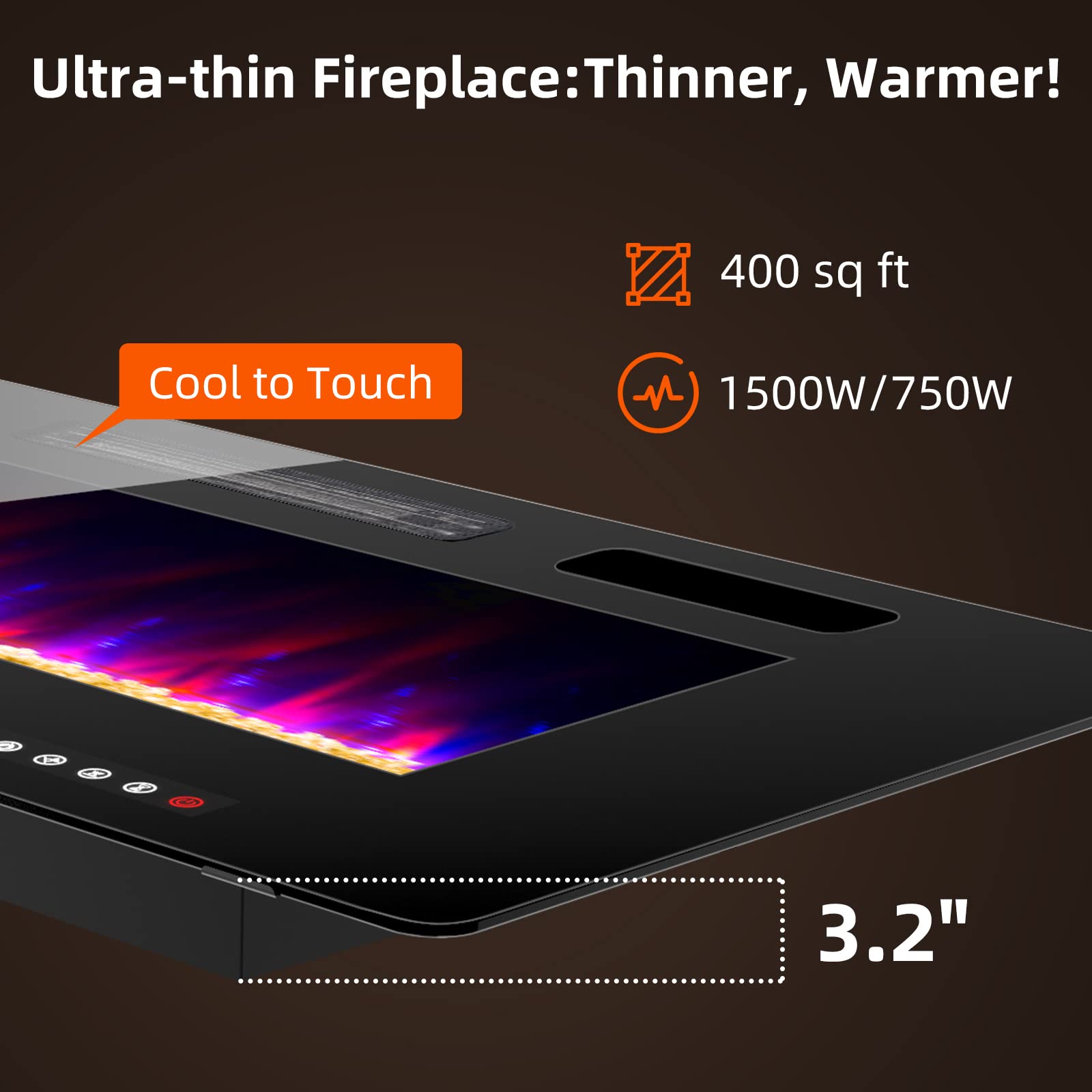 BREEZEHEAT 50 inch Electric Fireplace Wall Mounted/Freestanding-Ultra Thin Fireplace Inserts for Living Room with Double Heat Vent, Remote Control, Touch Screen, Led Flame, 8H Timer, 750w/1500w