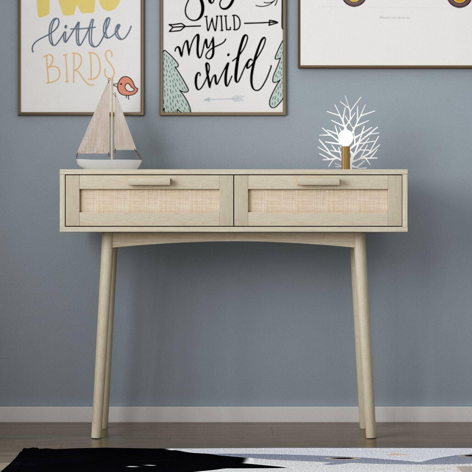 BESNUGZONE Console Table with 2 Drawers Rattan Entryway Table with Storage Narrow Accent Sofa Table Behind Couch Table for Hallway, Entryway, Living Room