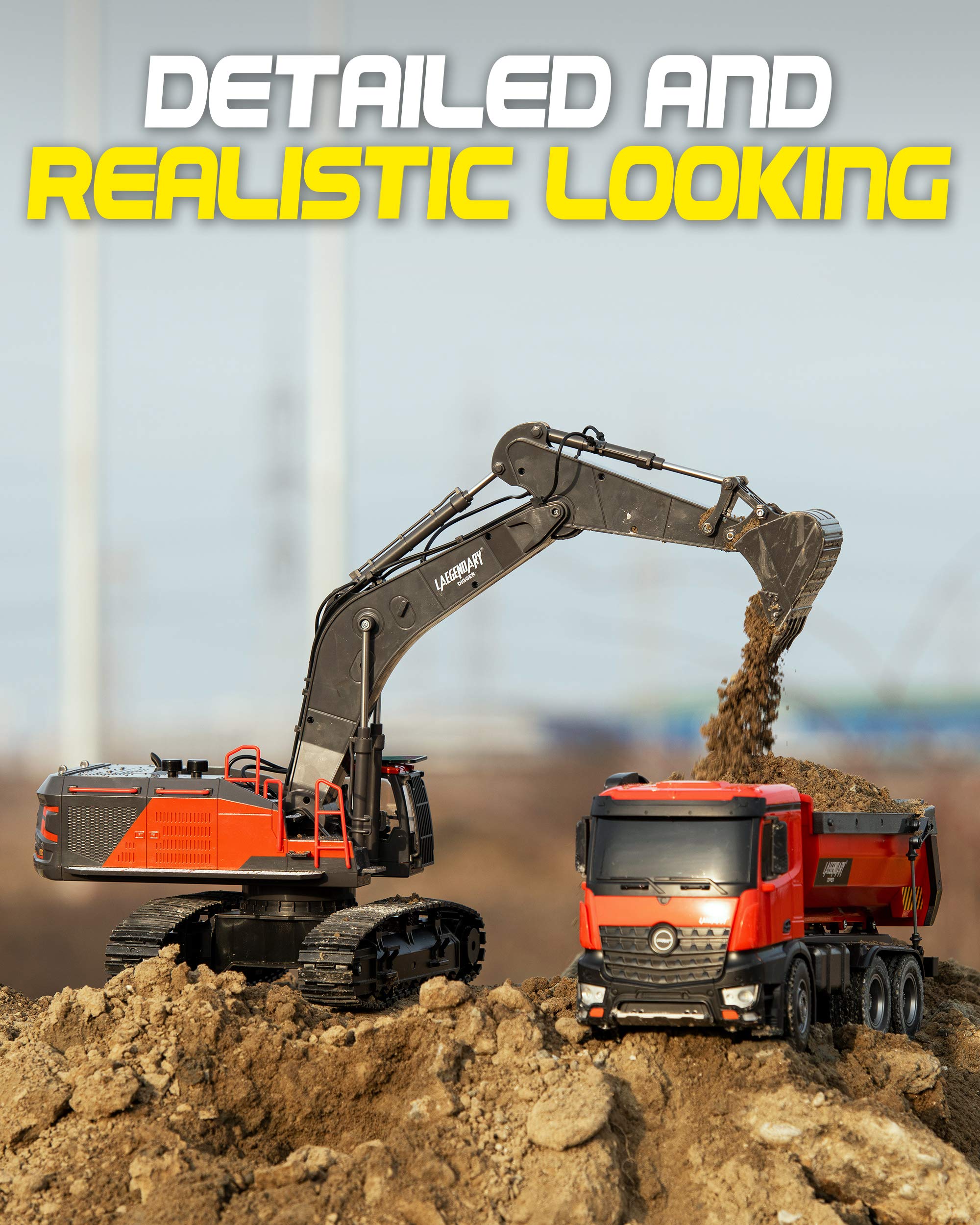 LAEGENDARY 1:14 Scale Large RC Excavator for Boys and Adults β Compatible with Excavators RC Construction Vehicles - 10 Channel Full Functional - Metal and Plastic Parts β 2 Batteries, 2 Chargers