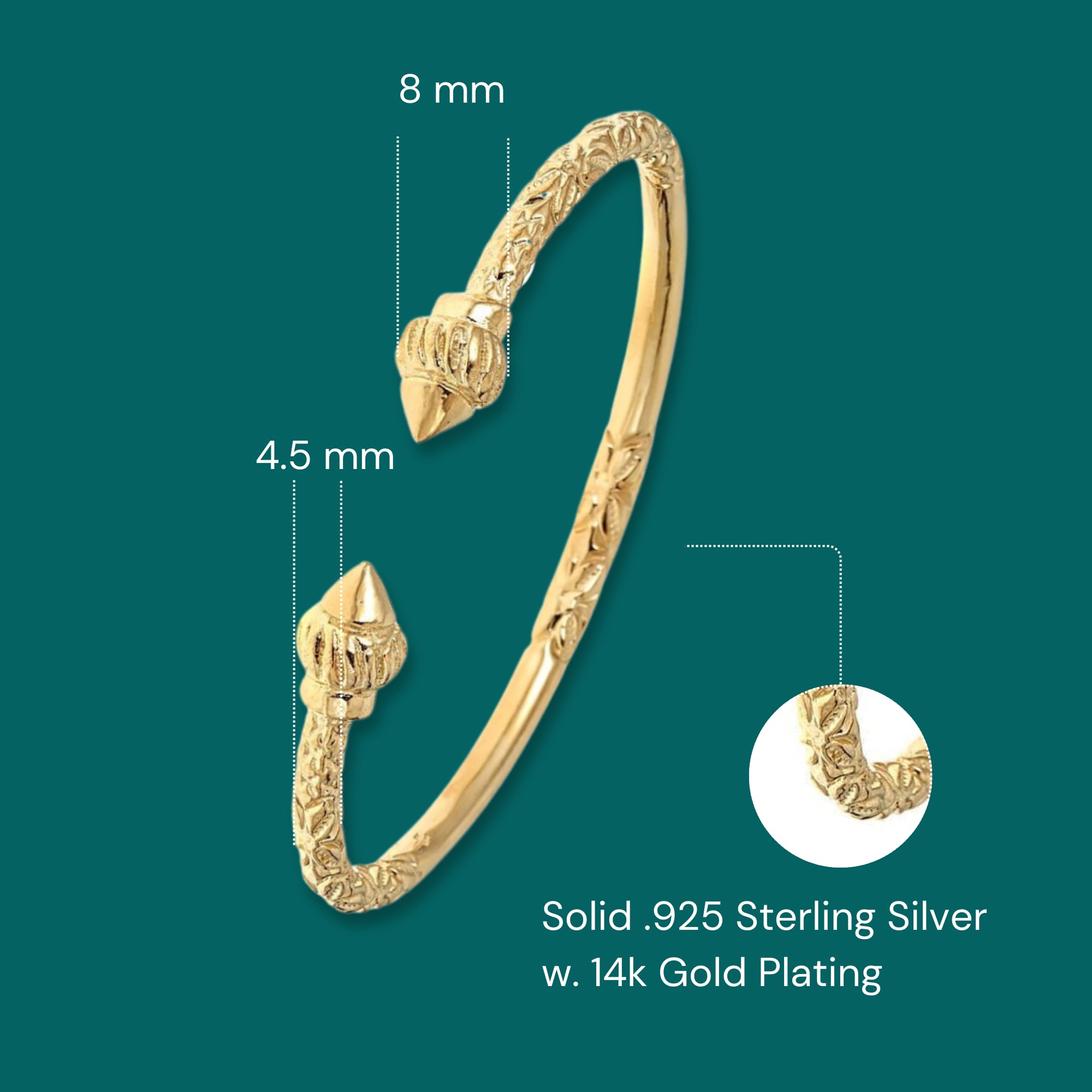Better Jewelry Solid .925 Sterling Silver Ridged Arrow Ends West Indian Bangle Plated with 14K Gold