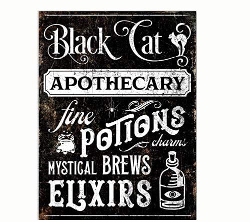 GEDSING Black Cat Apothecary Fine Potions & Elixirs Holiday Metal Tin Wall Art Rustic Fall Sign Creepy Gothic Halloween Xmas Home Bar Decor 8x12 Inch, 8 x 12 Inch