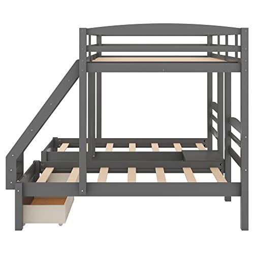 KoiHome Full Over Twin & Twin Bunk Bed with Full-Length Guardrail,Triple Bunk Bed with Built-in Drawers and Solid Slat Support for Teens Bedroom,Space-Saving Design, No Box Spring Needed, Grey