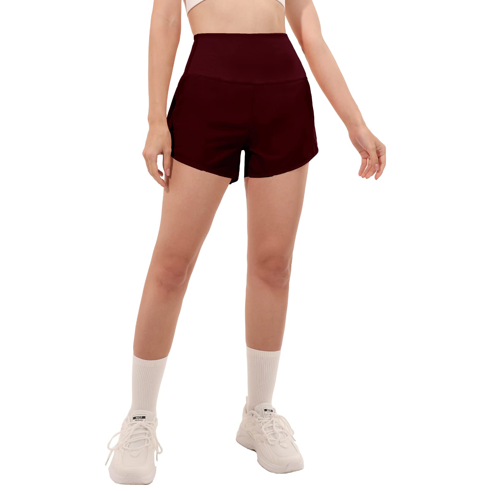 Aurefin Women's High Waisted Running Shorts Quick Dry Athletic Workout Shorts with Bulit-in Liner-3.5'' Wine red/m