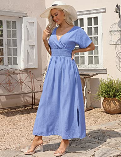 KOJOOIN Womens V Neck Short Sleeve Solid Long Dresses Smocked High Waist Slit Maxi Dress Blue M