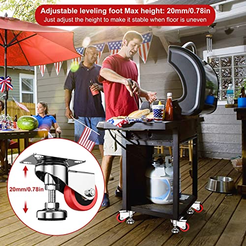 Homhoo 2" Leveling Plate Caster Wheels with Adjustable Anti-Vibration Leveling Foot Pad Heavy Duty Swivel casters for Workbench, Machine Equipment, Furniture Red Set of 4 Total Capacity 1100 Lbs