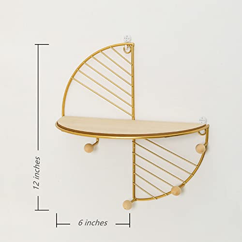JOSON Bedroom Half Round Wall Mounted Floating Shelf for Bedroom, Living Room, Office Metal Geometric Hanging Shelf(Gold)