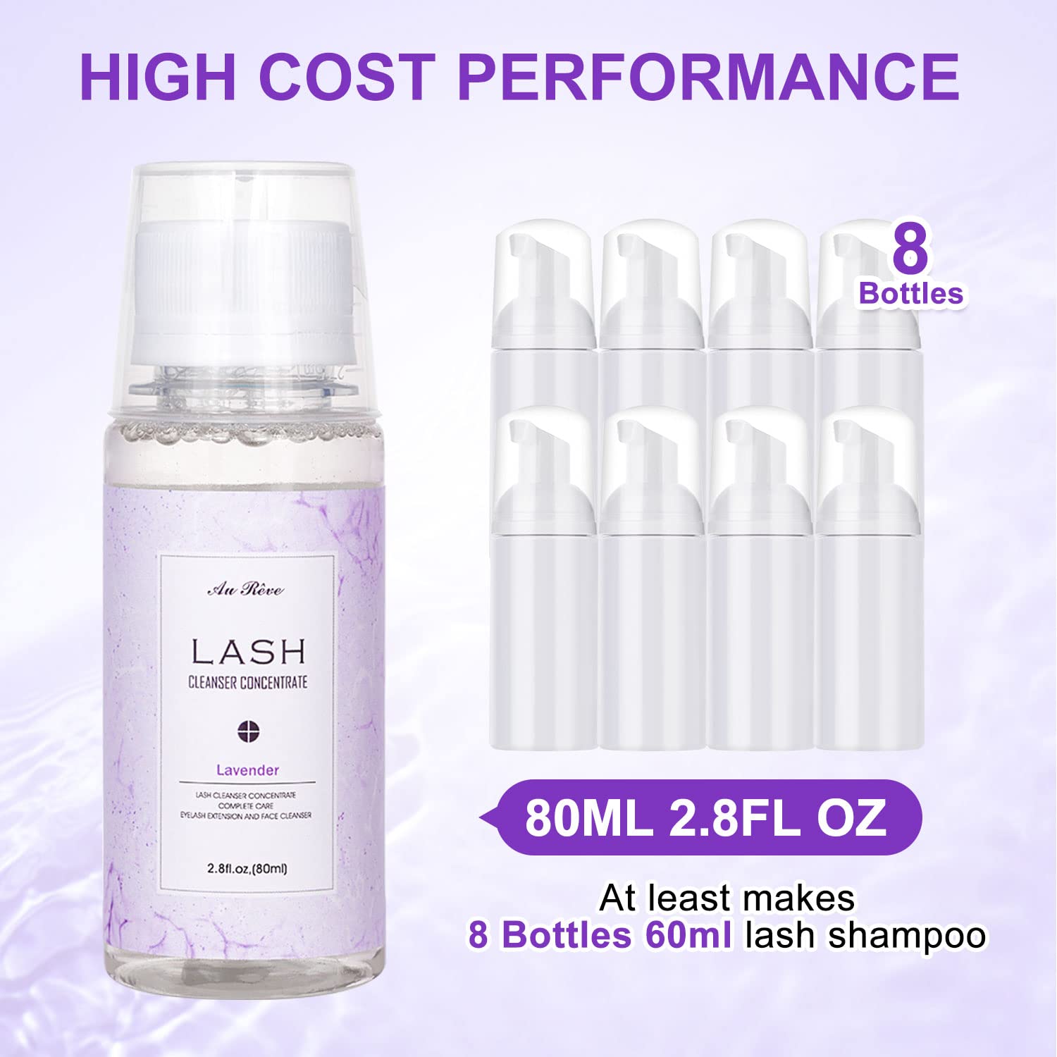AuReve Lash Shampoo Eyelash Extensions Cleanser Concentrate 80ml Eyelash Shampoo Foam Lash Cleaning Kit Care, Non-lrritating Prolong Lash Cleanser, Bottles Lash Shampoo for Lash Extension (Lavender)