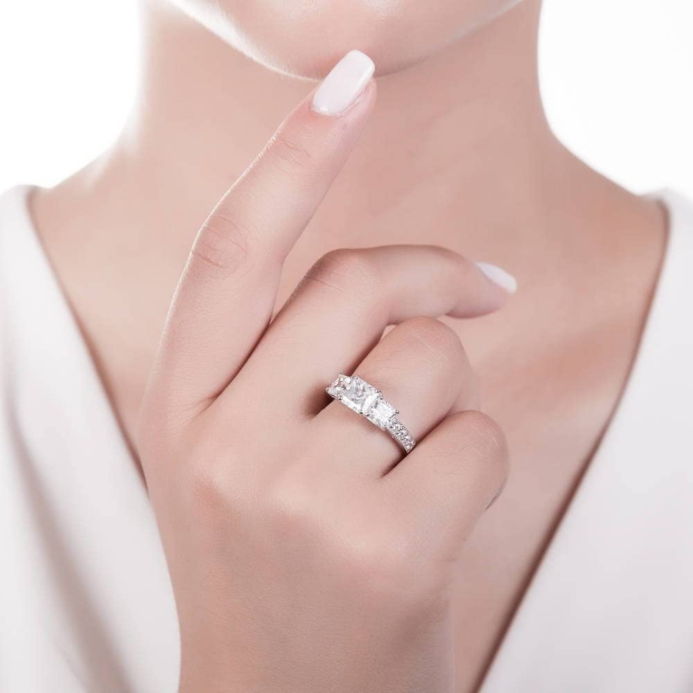 BERRICLE Sterling Silver 3-Stone Wedding Engagement Rings Princess Cut Cubic Zirconia CZ Promise Ring for Women, Rhodium Plated Size 6