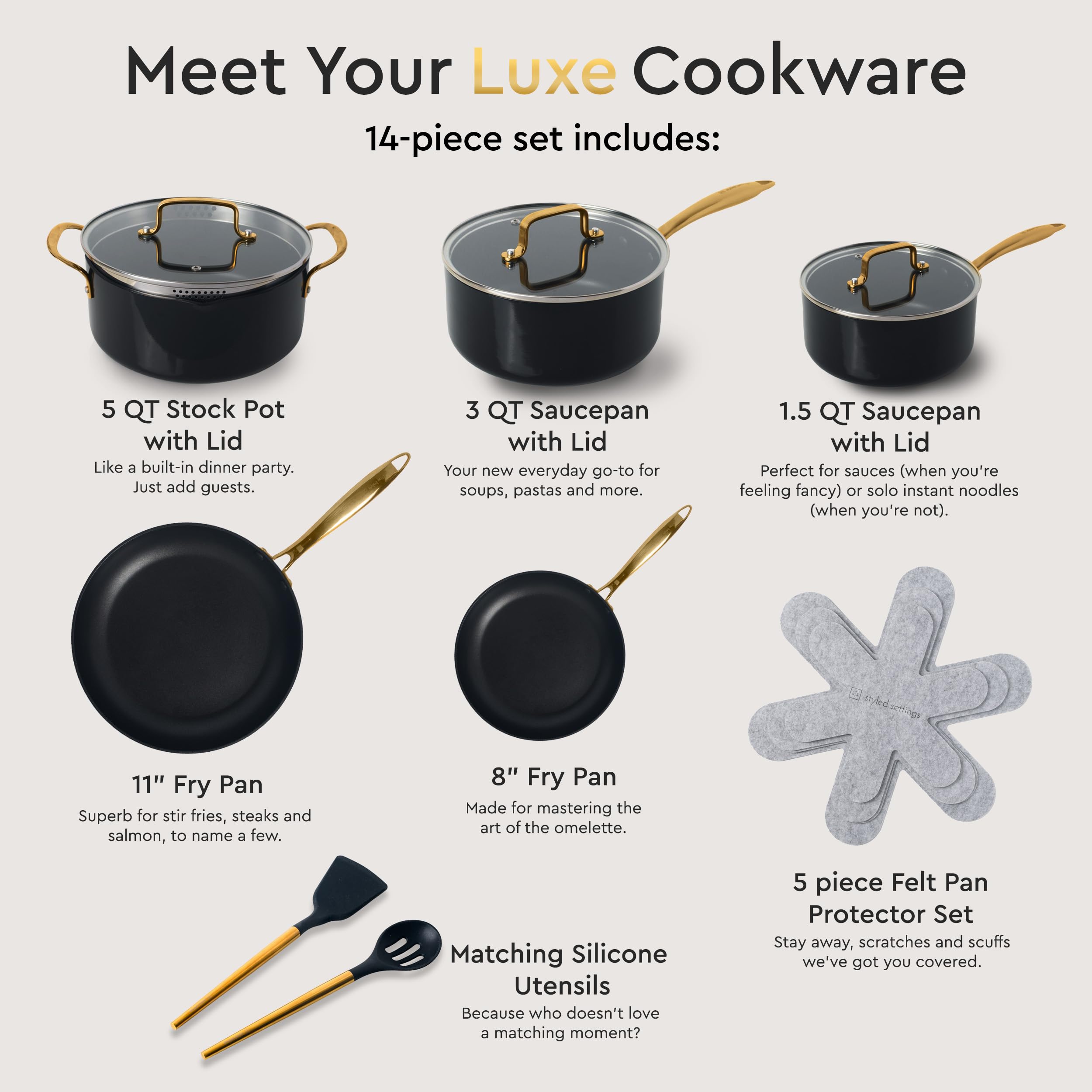 Black and Gold Pots and Pans Set Nonstick - 15PC Luxe Black Pots and Pans Set Non Toxic - Induction Compatible, PFOA Free Black and Gold Cookware Set & Gold Kitchen Utensils - Gold Kitchen Accessories