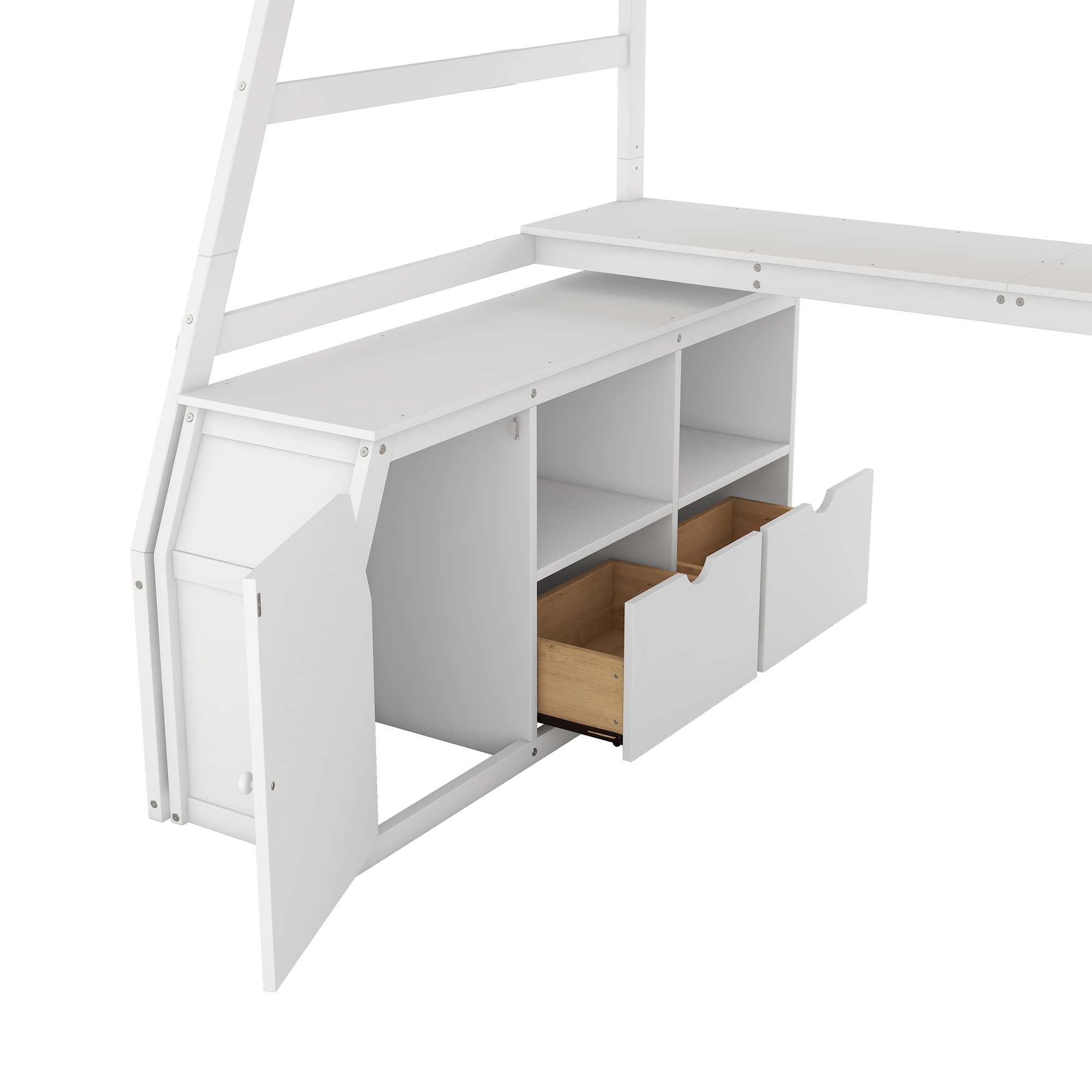 Harper & Bright Designs Twin Size Loft Bed with 5-Drawers Storage Stairway, Built-in Desk with Cabinet, 2 Drawers and Shelves, Full Length Guardrail Twin Loft Bed Frame, White
