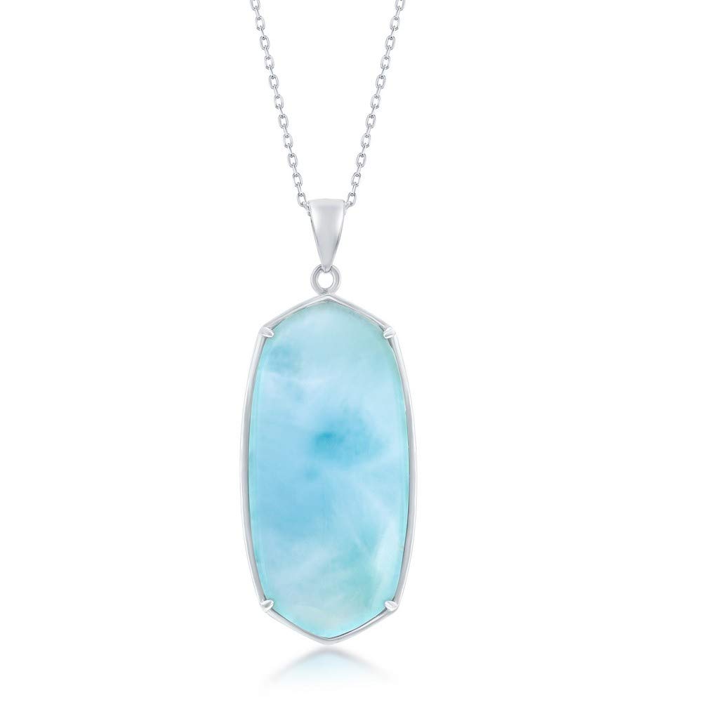 Beaux Bijoux Large Long Hexagon-Shaped Caribbean Natural Larimar Gemstone Sterling Silver Pendant 18’’ Necklace Jewelry for Women or Teens